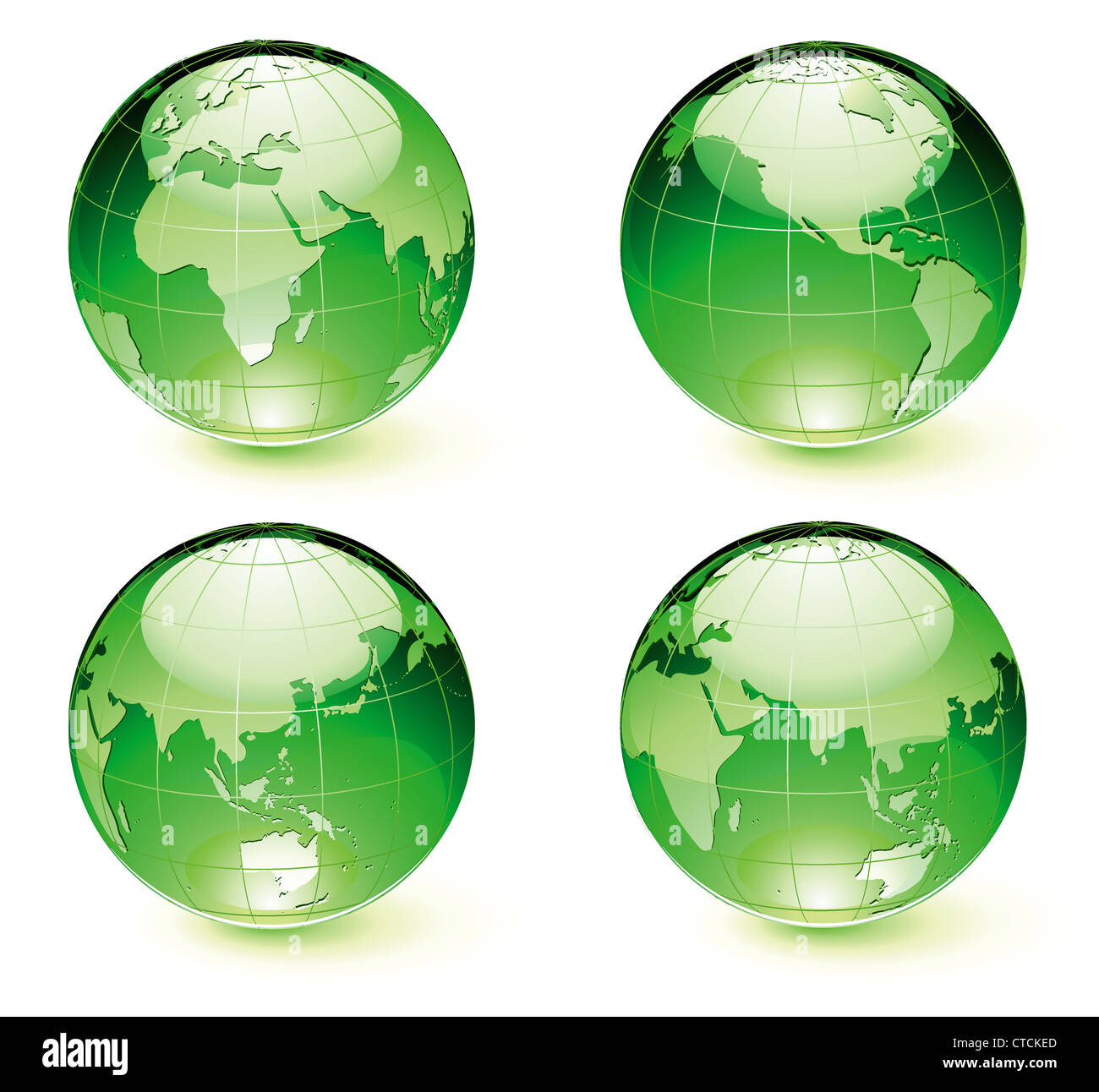 Vector illustration of green Glossy Earth Map Globes different angles ...