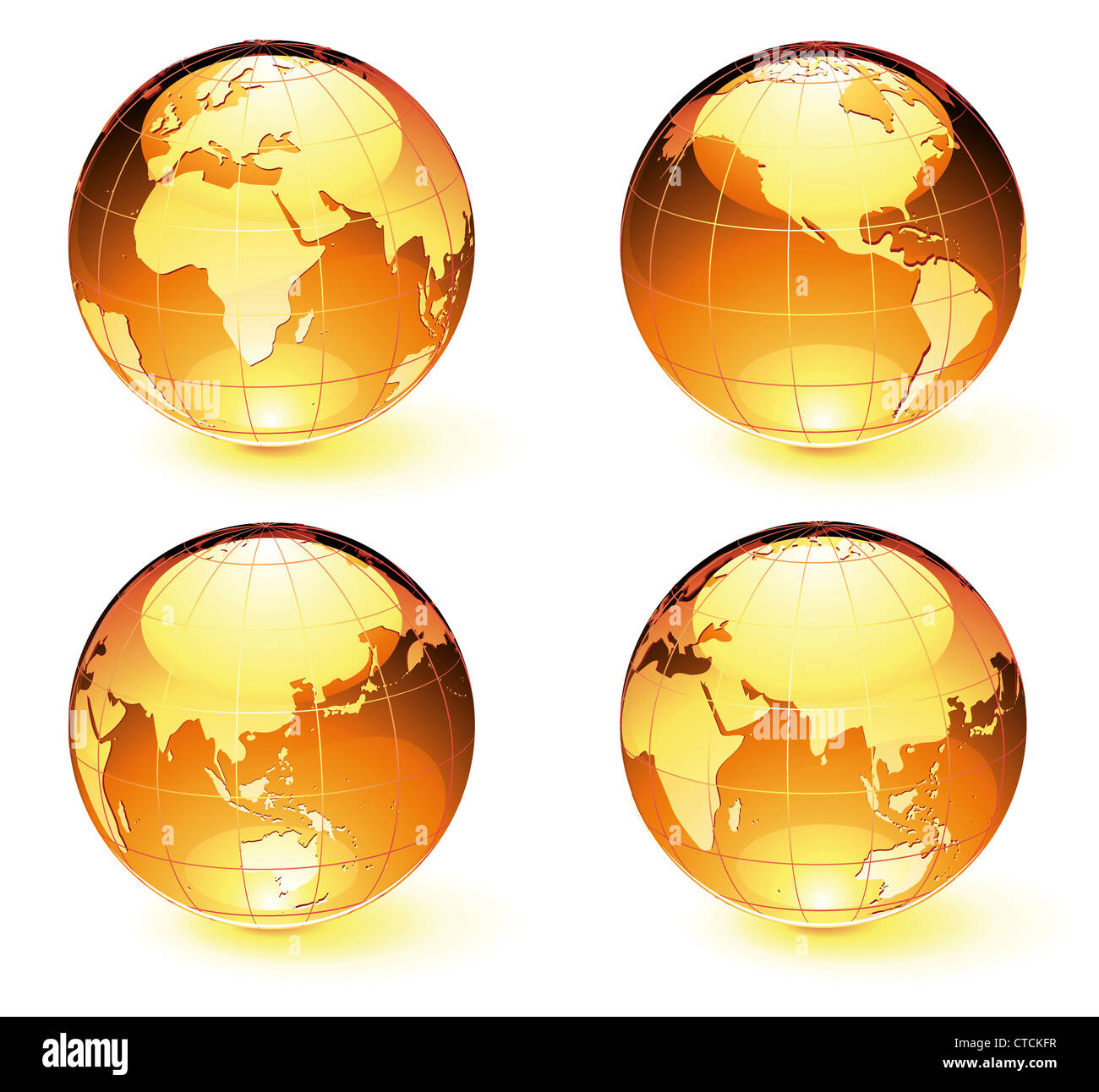 Vector illustration of orange Glossy Earth Map Globes different angles ...