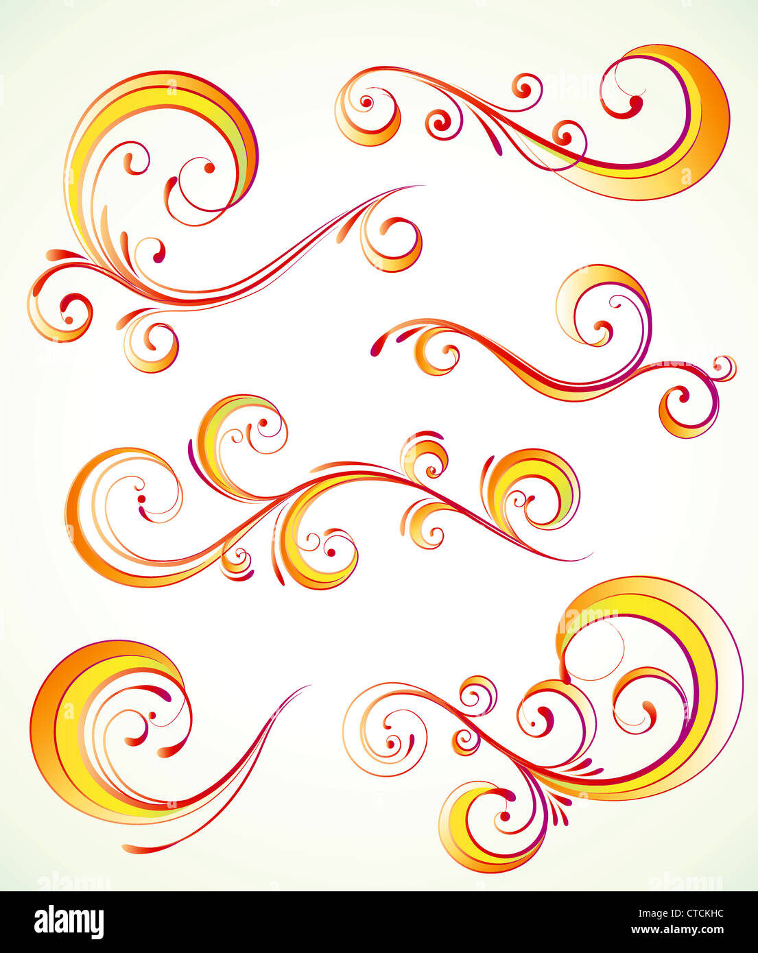 Vector illustration set of orange swirling flourishes decorative floral ...