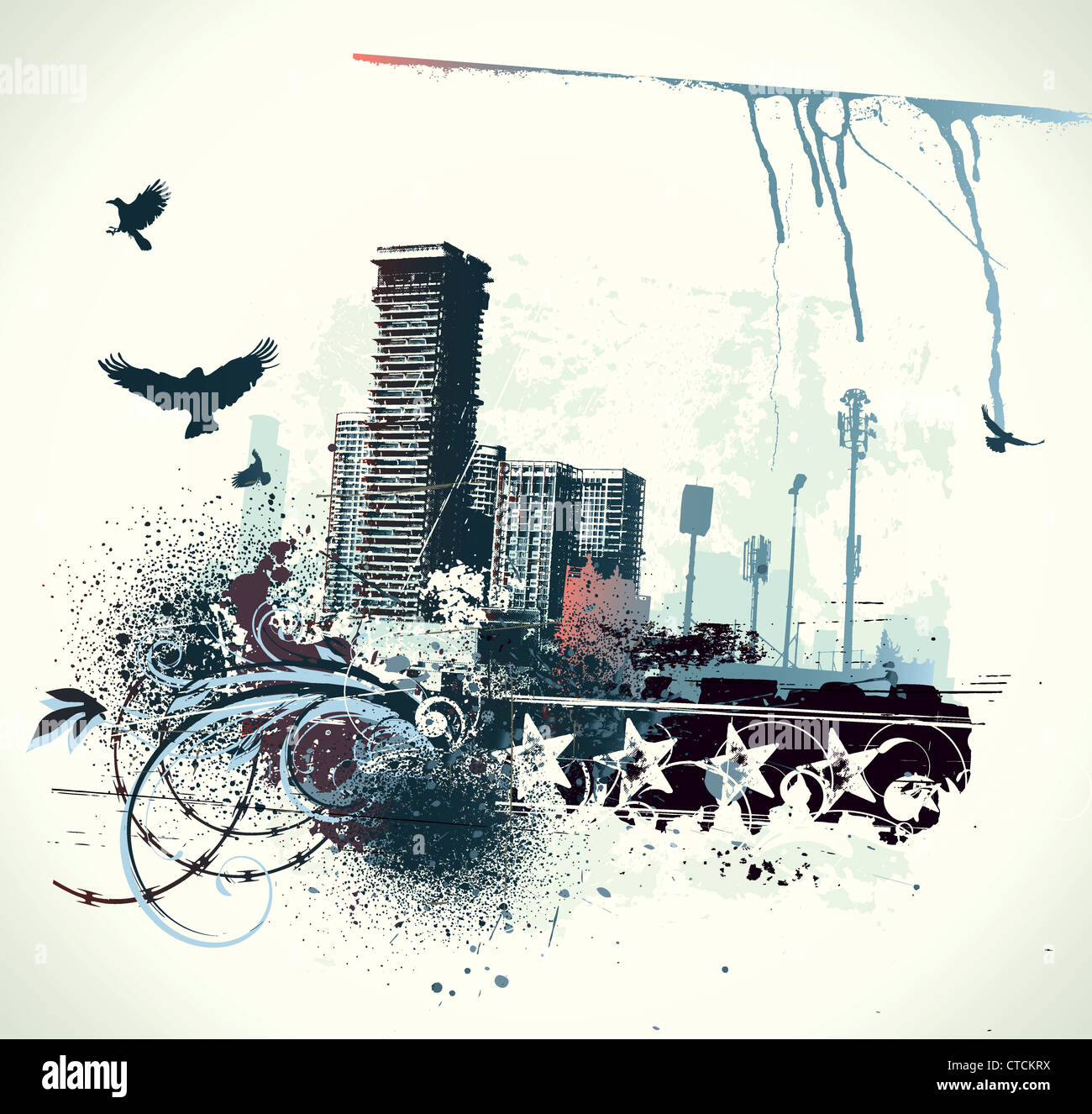 Vector illustration of urban background with grunge stained Design ...