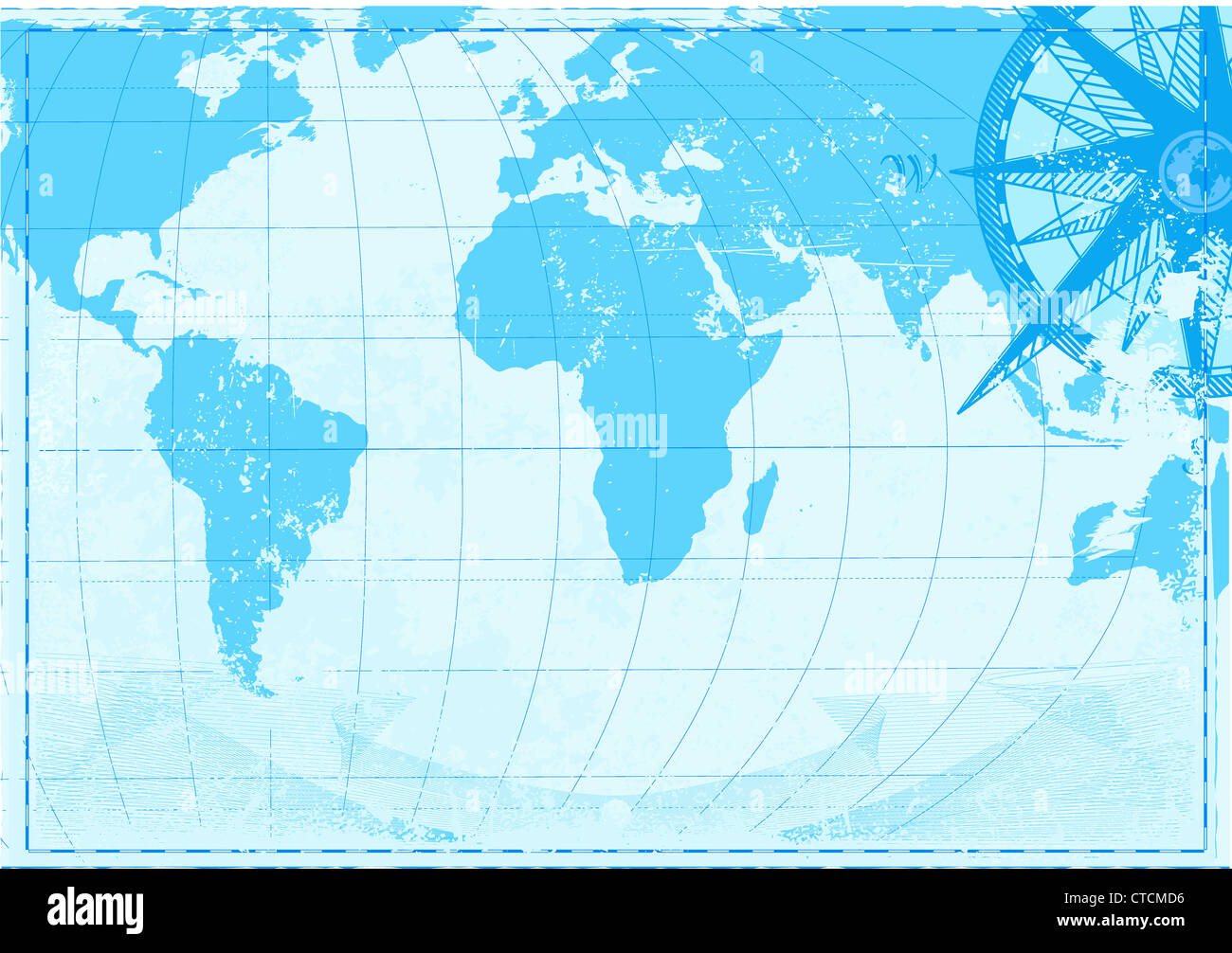 Vector illustration of blue grunge background with Vintage word map and ...