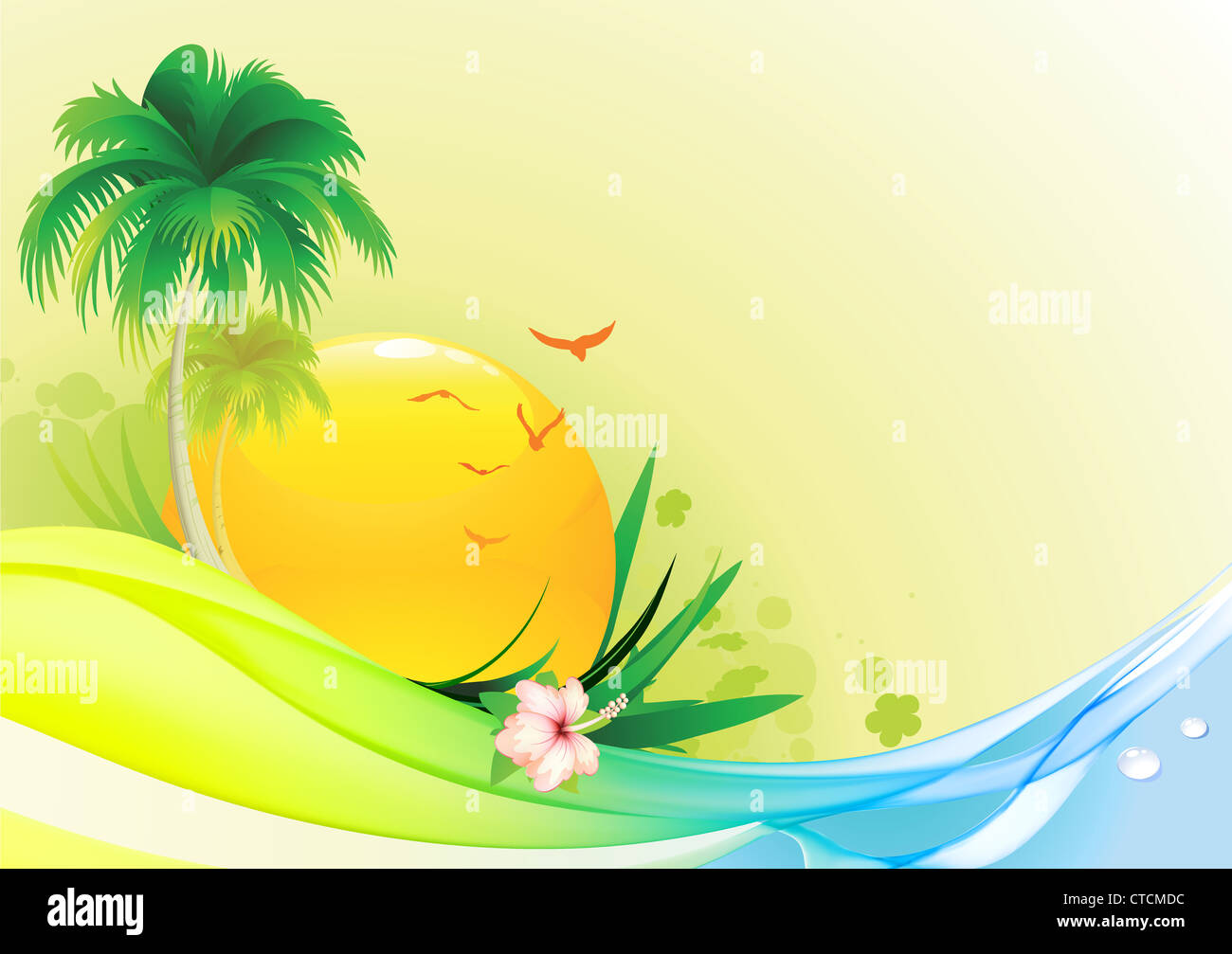 Vector illustration of funky summer background with palm tree, hibiscus ...