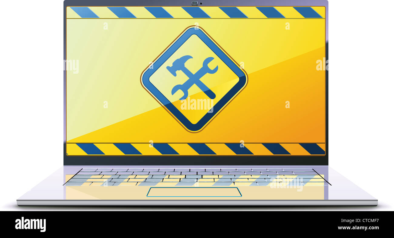 Vector illustration of modern laptop with Under Construction Sign on ...