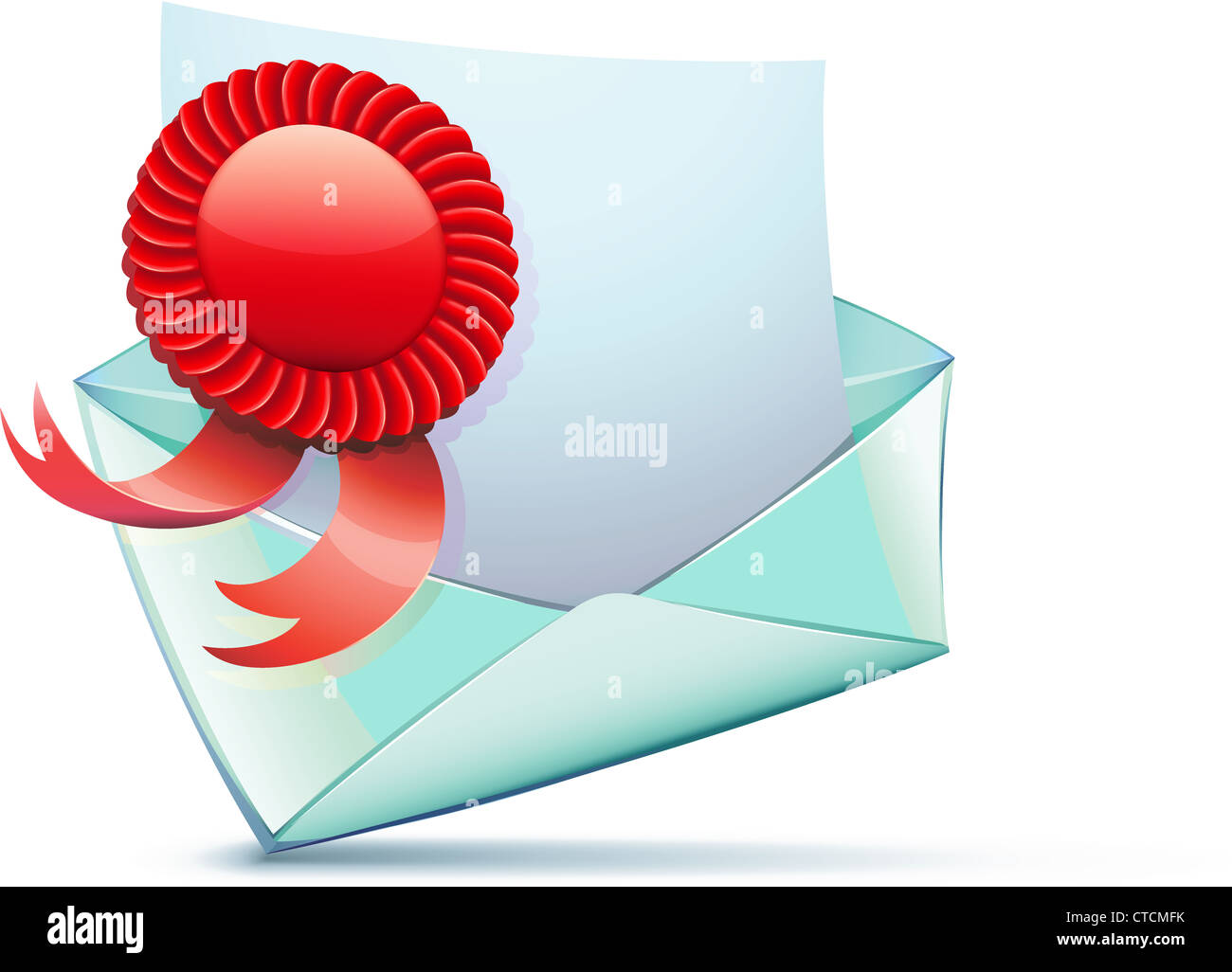 Vector illustration of open envelope containing letter with red badge ...