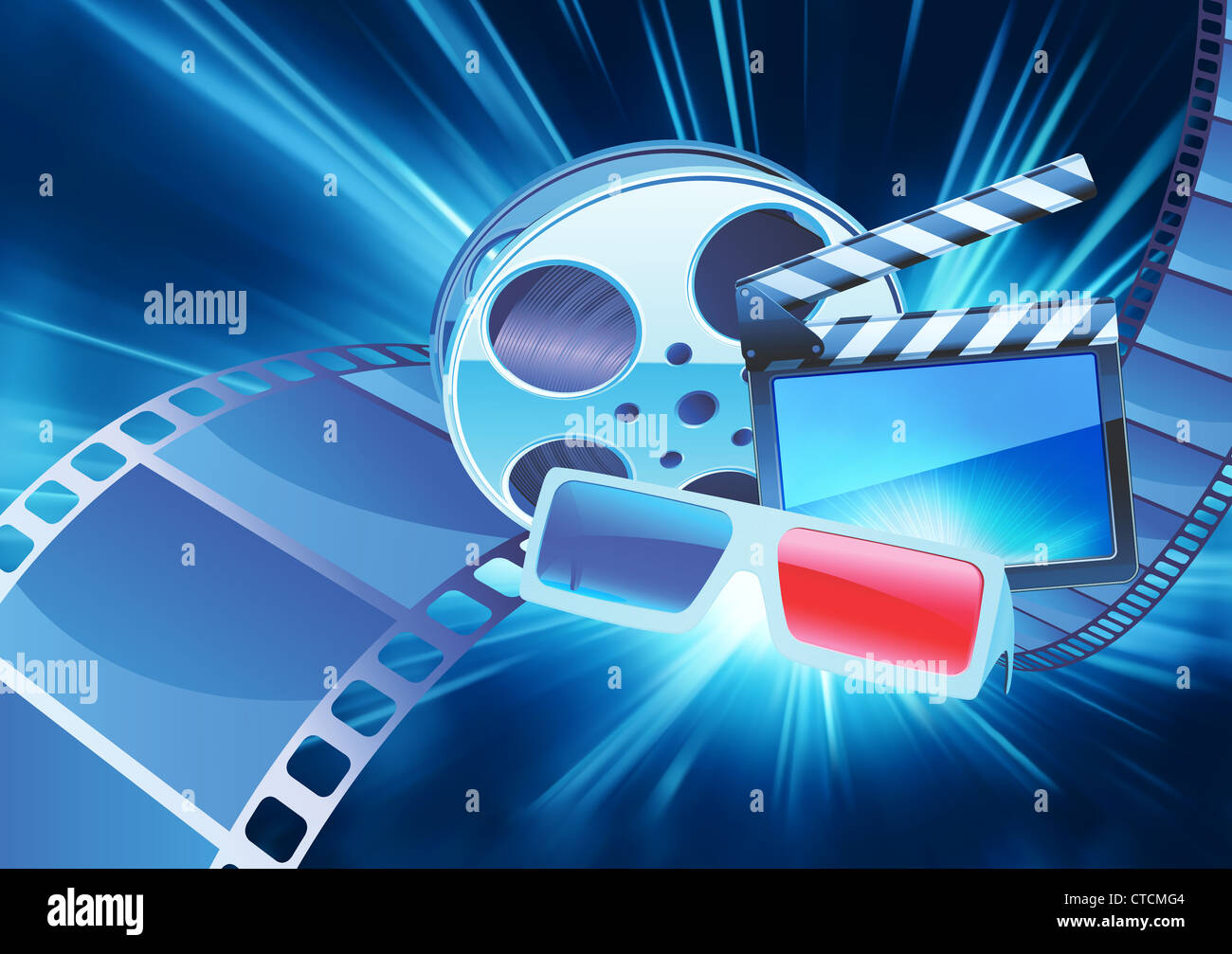 Vector illustration of blue abstract cinema background with anaglyph ...