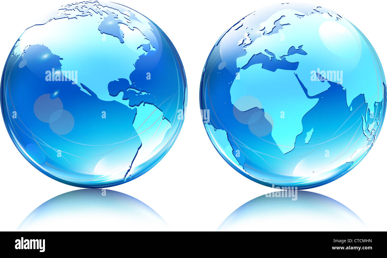 Vector illustration of blue Glossy Earth Map Globes different angles ...