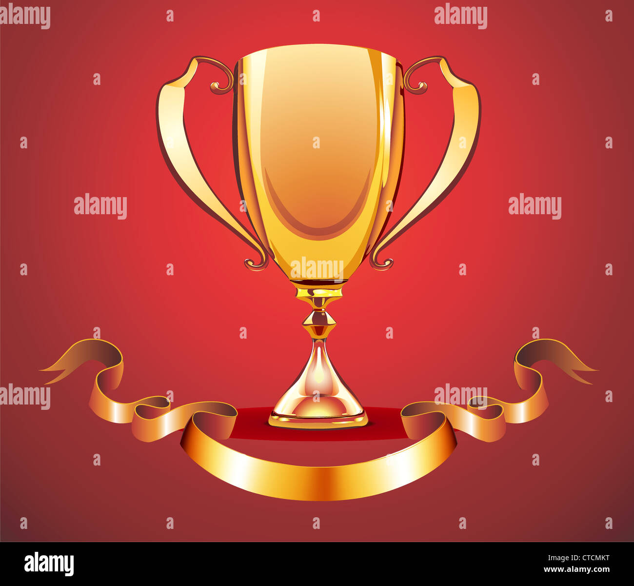 Vector illustration of golden trophy with ribbon badge to put a text ...