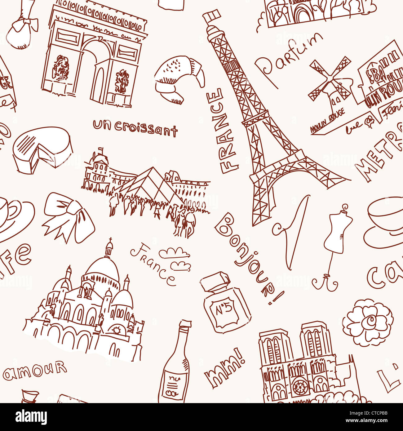 Sightseeing in Paris doodles. Seamless Background Stock Photo - Alamy