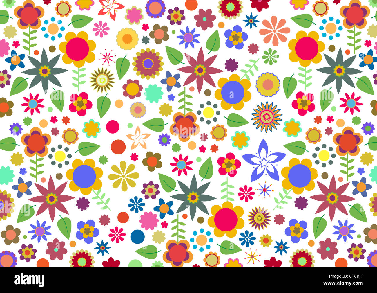 Vector illustration of multicolored funky flowers and leaves abstract ...