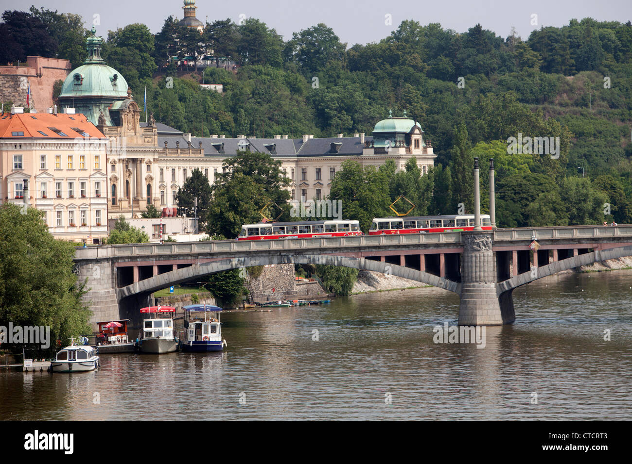 Prague Praga Czech republic tranway rail train river briged Moldava ...