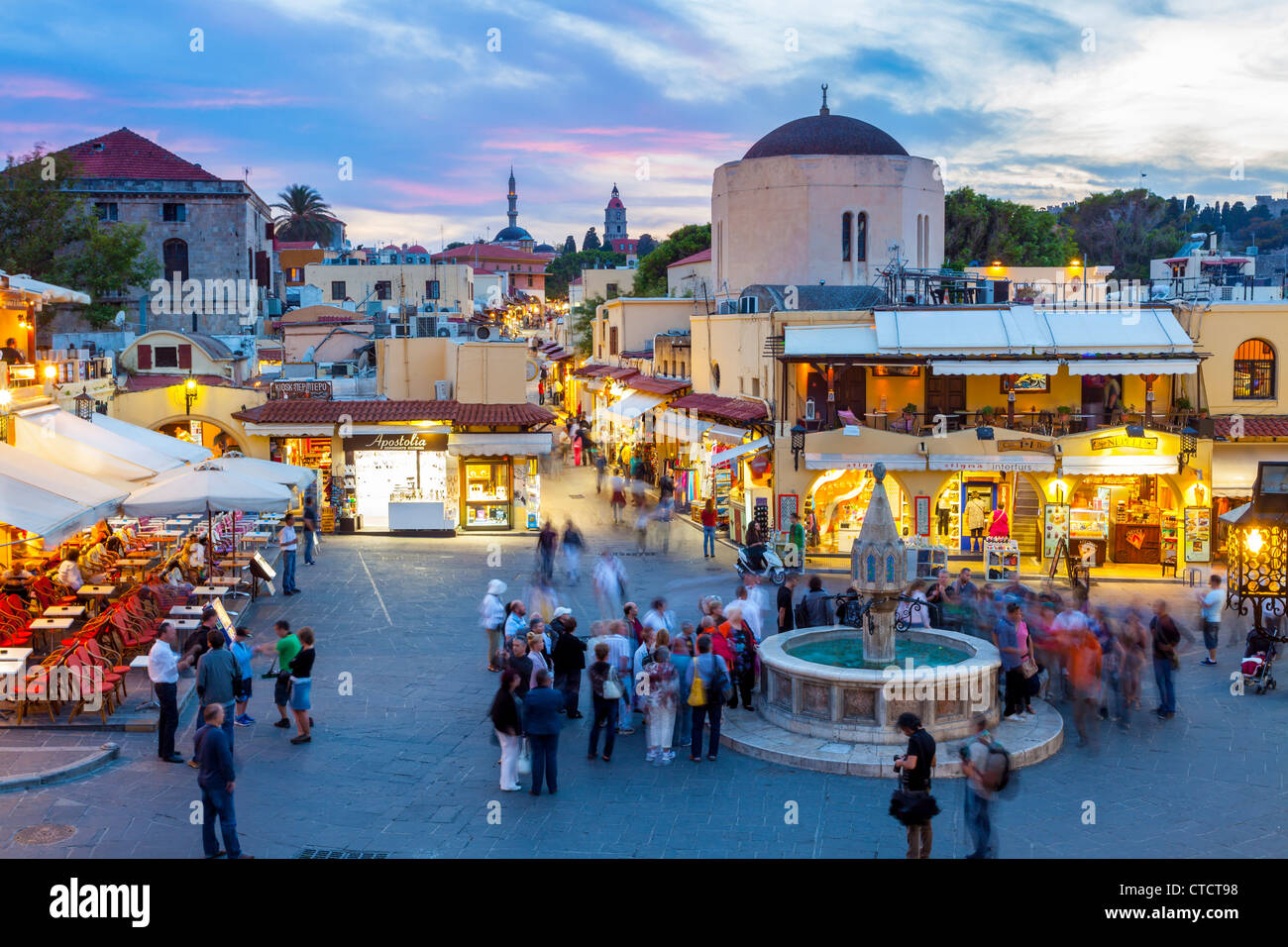 Evening in Hippocrates Square in the historic Old Town of Rhodes Greece ...