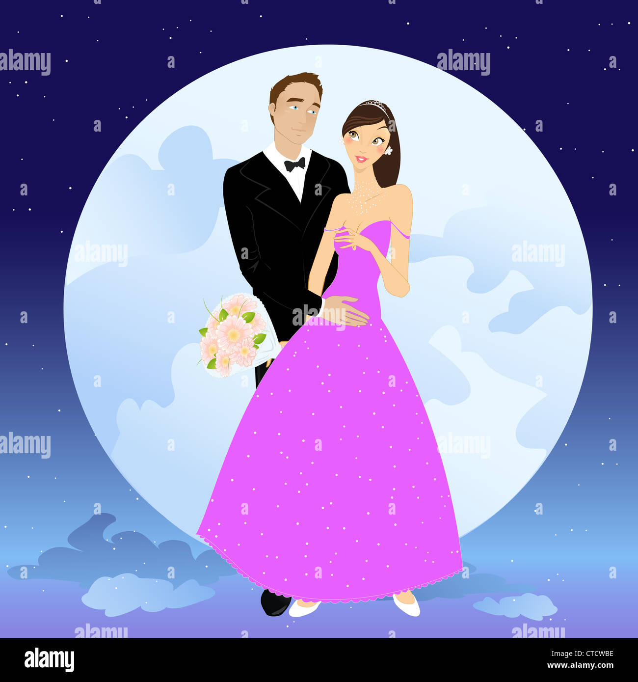 Vector illustration of beautiful couple in romantic night on the sky ...
