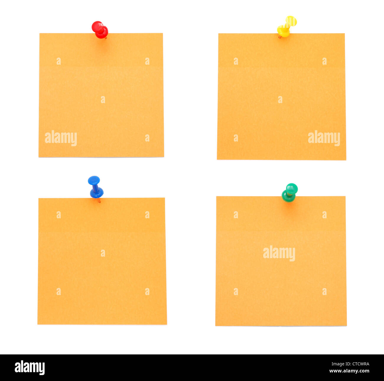 Orange Post-it Notes with Push Pins isolated on white background Stock ...