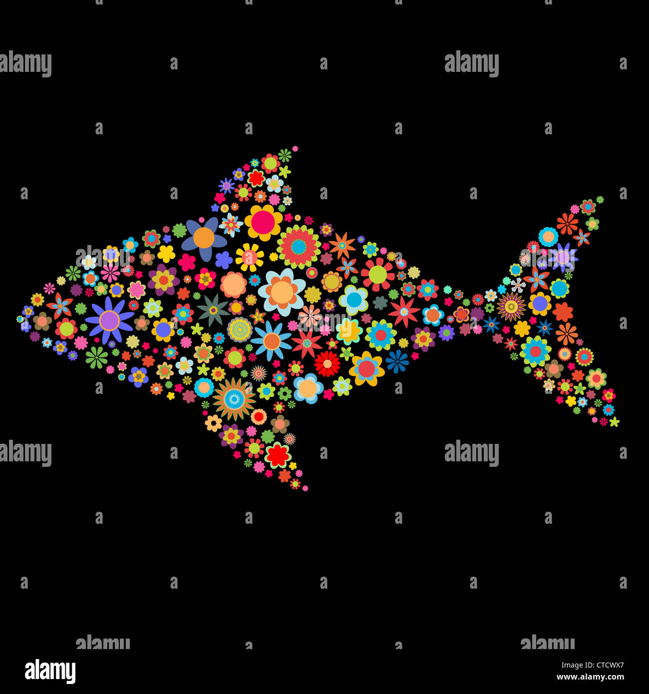 Vector illustration of fish shape made up a lot of multicolored small ...