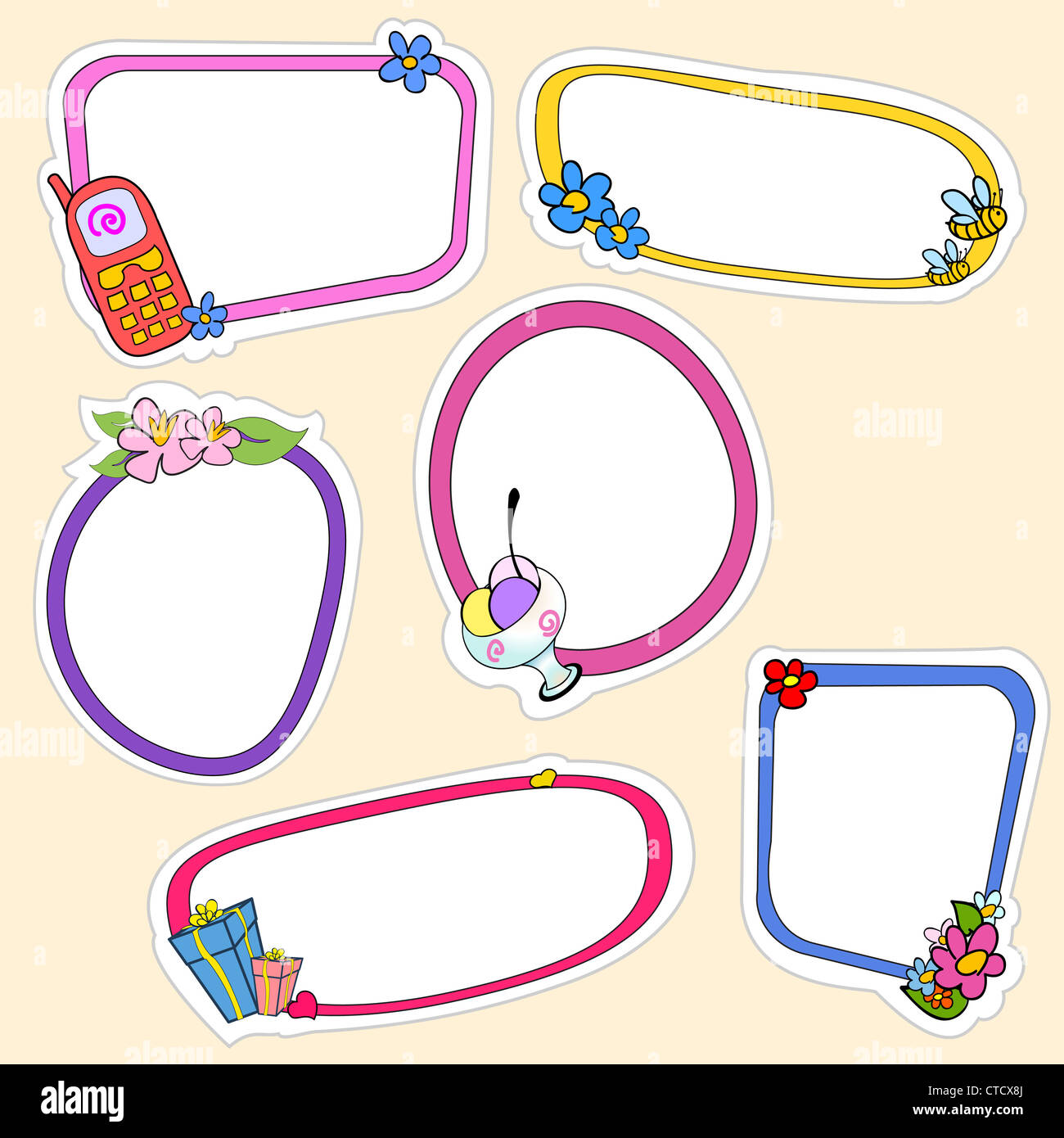 Vector illustration of cute retro frames on stickers style with funny ...