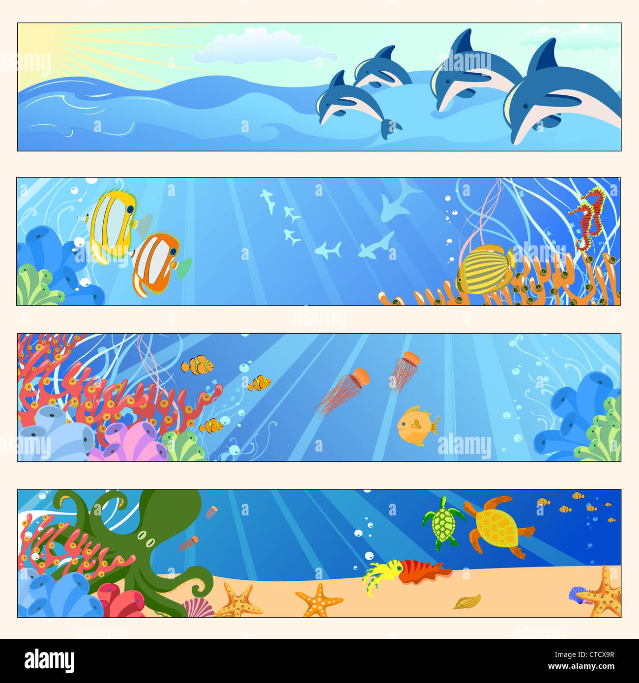 Vector illustration of Colorful banners set with creatures of the seas ...