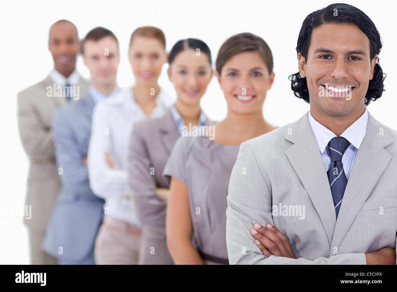 Big close-up of happy workmates in a single line Stock Photo - Alamy