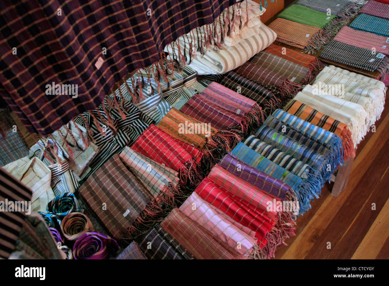 Display of silk and lotus fiber products, Inle lake, Shan state ...