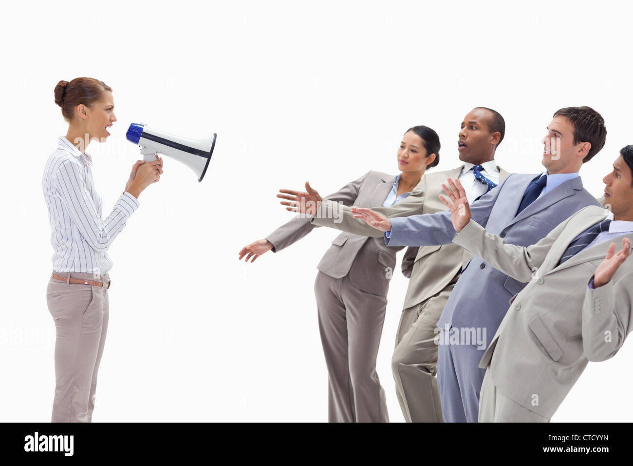 Woman yelling at people dressed in suits through a megaphone Stock ...