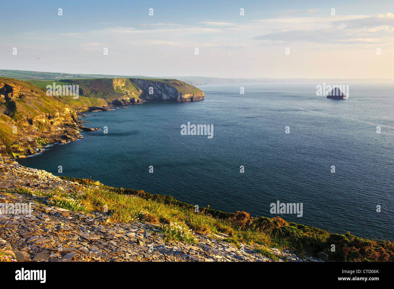 Evening light North Cornwall Coast England, showing Gull Rock ...