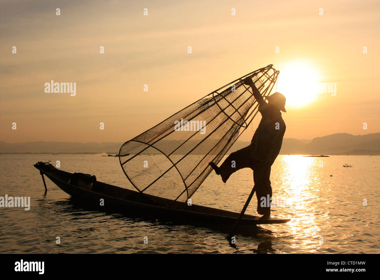 Inle lake fisherman at sunset, Shan state, Myanmar, Southeast Asia ...