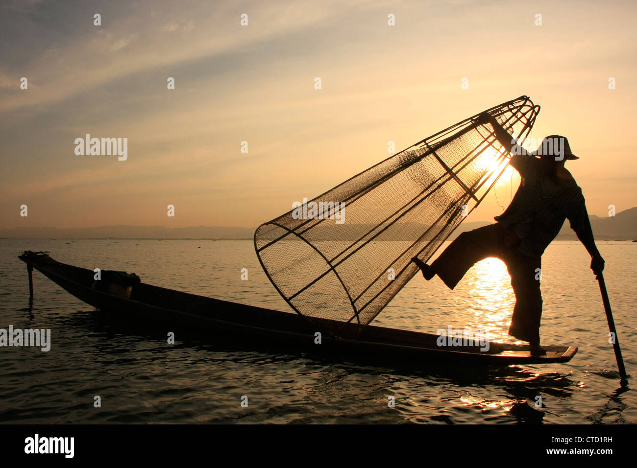 Inle lake fisherman at sunset, Shan state, Myanmar, Southeast Asia ...