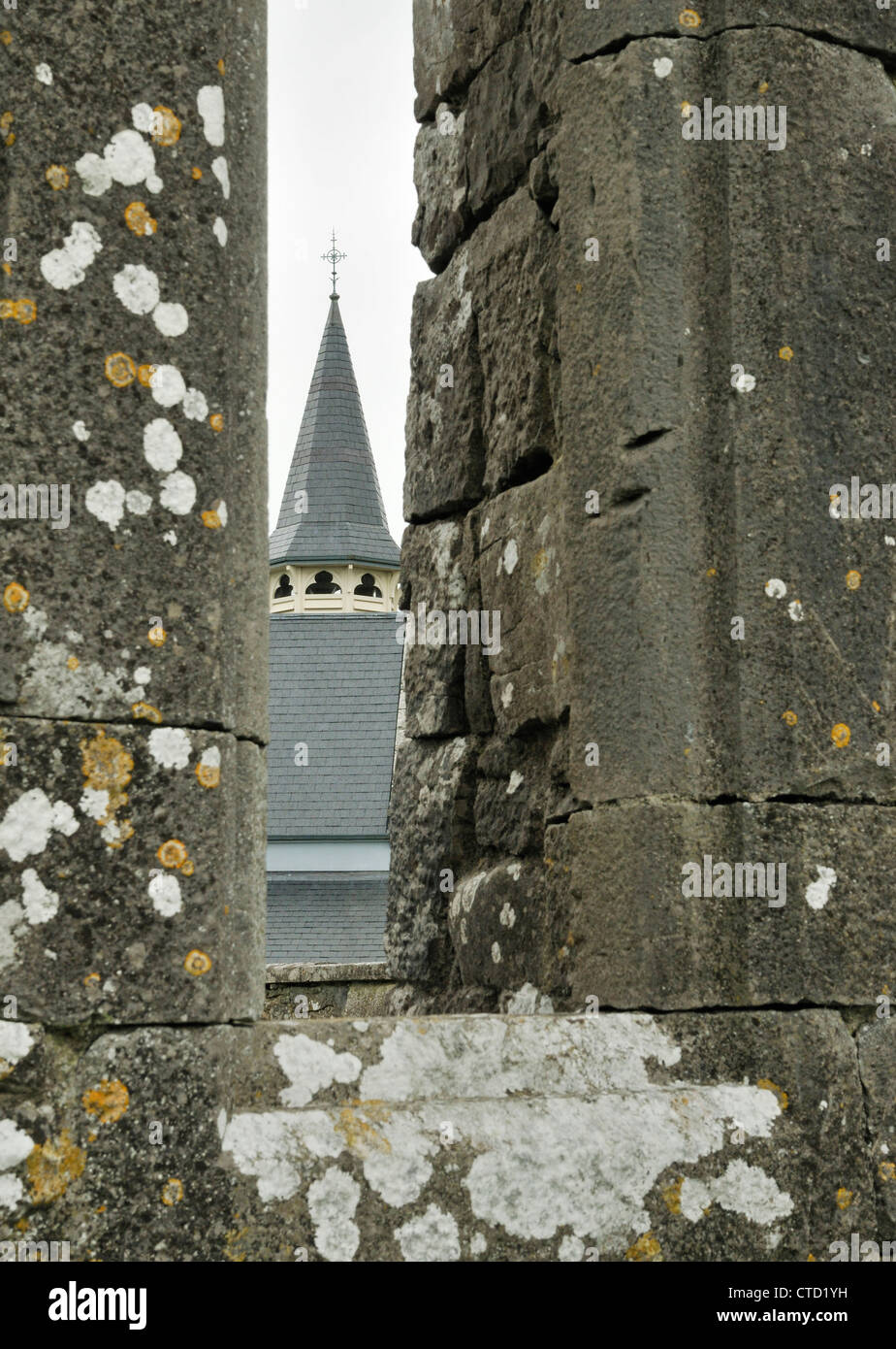 Octagonal tower of St. Mary's Church, Ruan Viewed through window of old ...