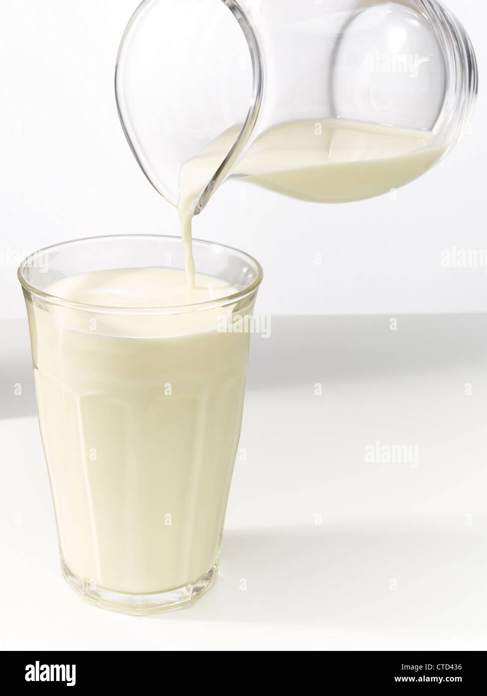 Milk streaming from a glass jug in a glass Stock Photo - Alamy