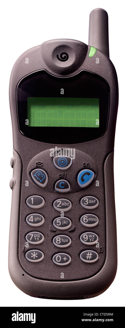 Old fashioned mobile phone with green screen isolated against white ...