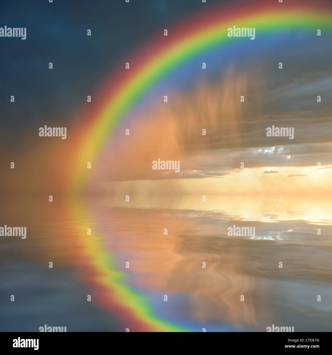 Colorful rainbow over water, thunderstorm with rain on background Stock ...