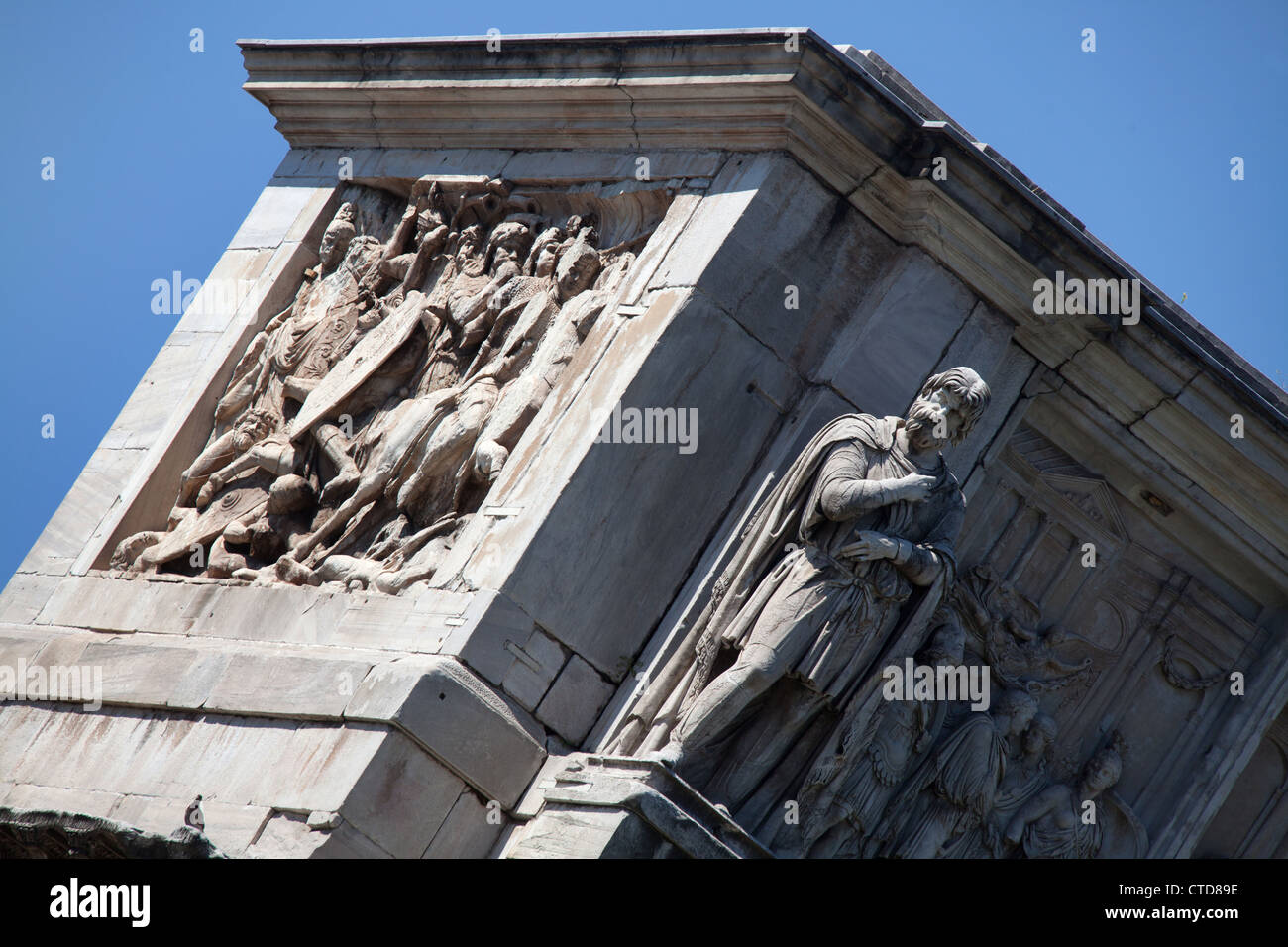 City of Rome, Italy. Close up angled view of the reliefs and statues ...