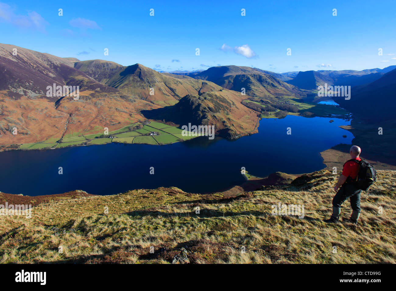 Male walker overlooking Crummock Water and the Buttermere valley, Lake ...