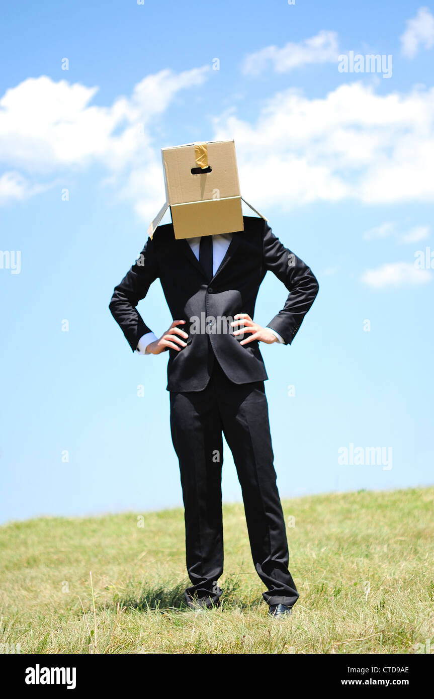 Business man with box on head in nature Stock Photo - Alamy