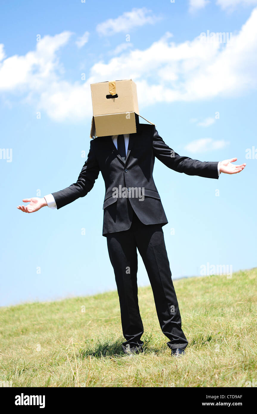 Business man with box on head in nature Stock Photo - Alamy