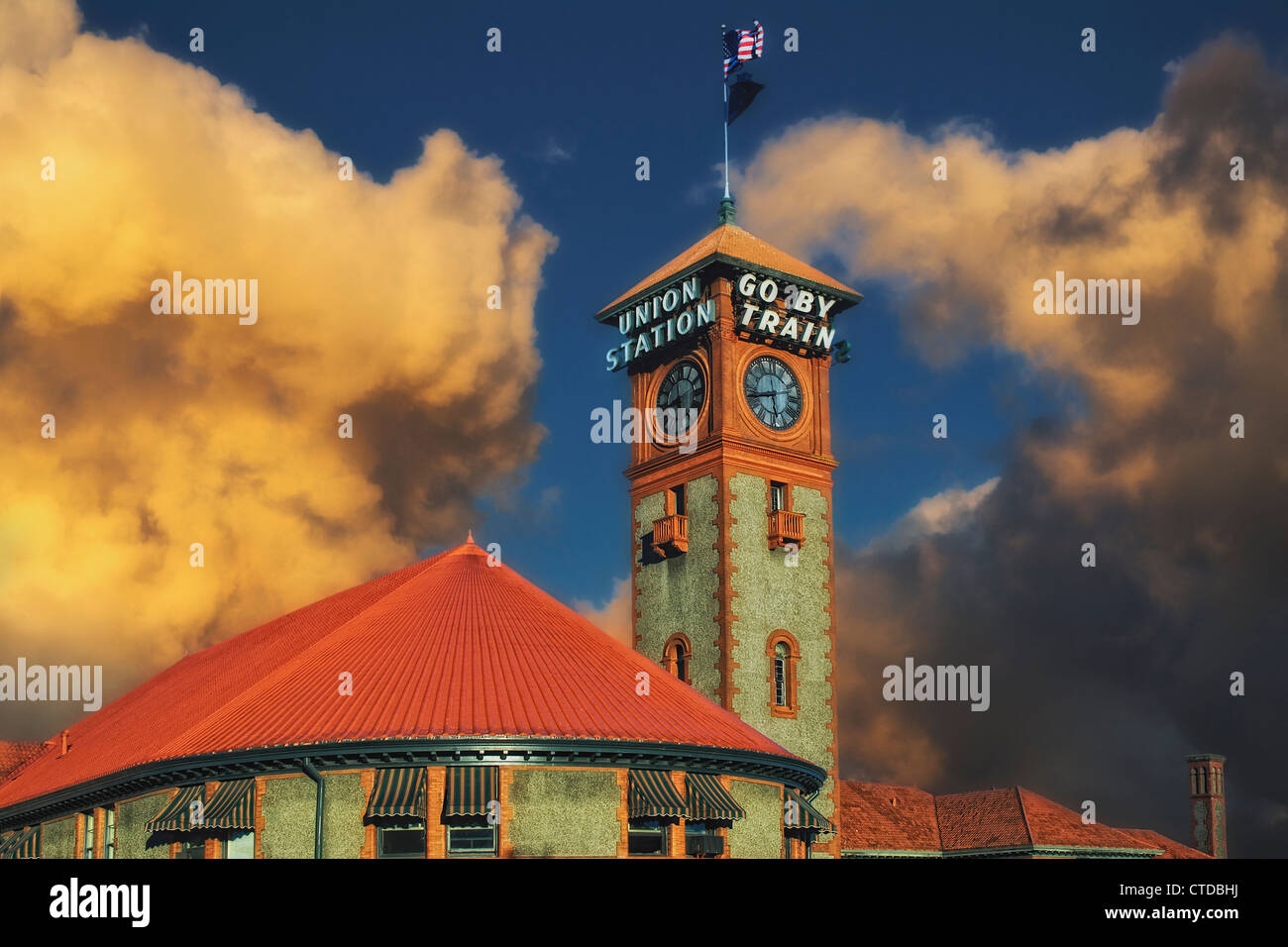 A building and clock tower at Portland Union Railway station. A ...