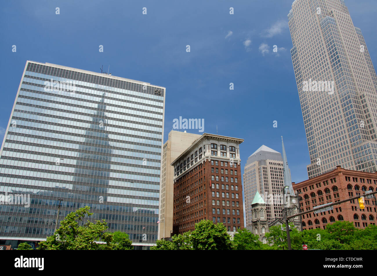 Ohio, Cleveland. Downtown Cleveland skyline with window reflection ...