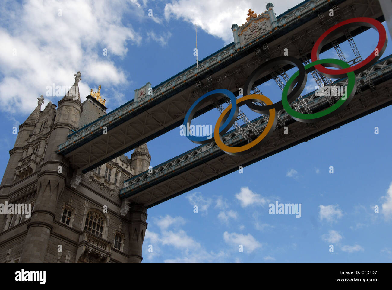 The Olympic symbol on Tower Bridge London ready for the opening of the ...