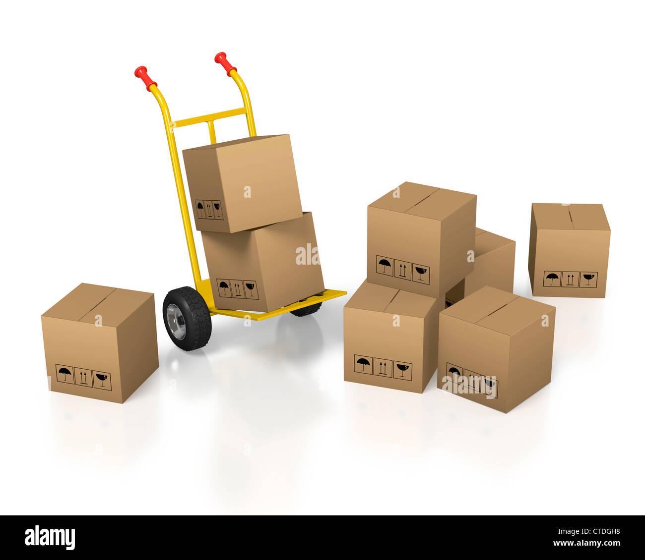 Yellow hand cart with cardboard boxes on white background Stock Photo ...