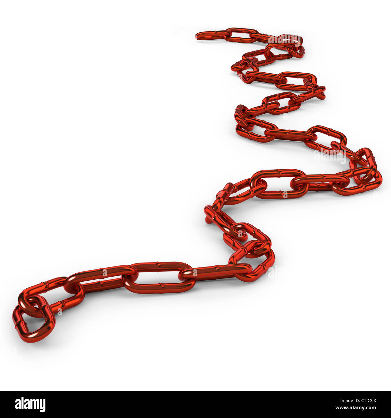 Random curly length of red stainless steel chain links on a white ...