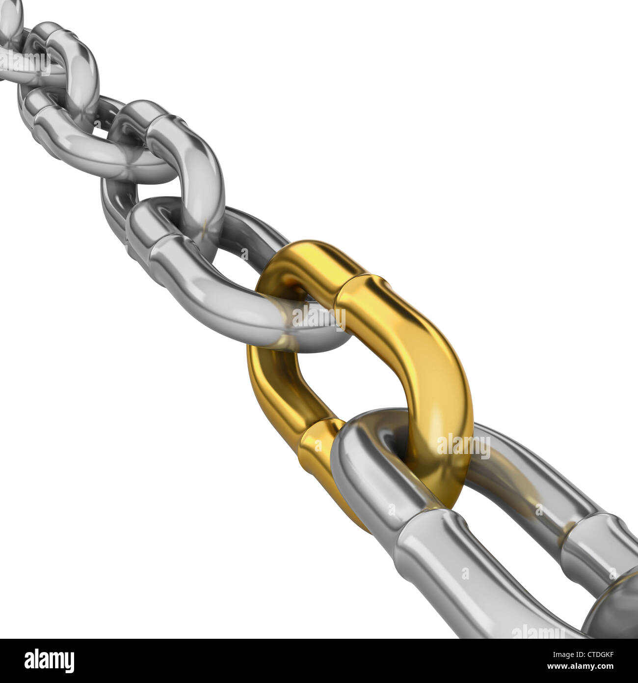 Chrome chain with a gold link on white background Stock Photo - Alamy