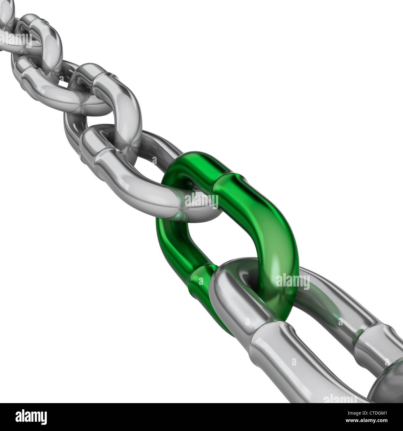 Chrome chain with a green link on white background Stock Photo - Alamy