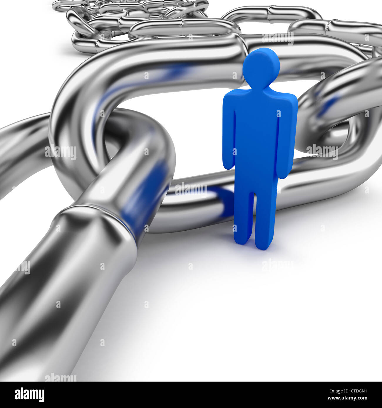 Figurine inside Curly Length of stainless steel chain links on a white ...