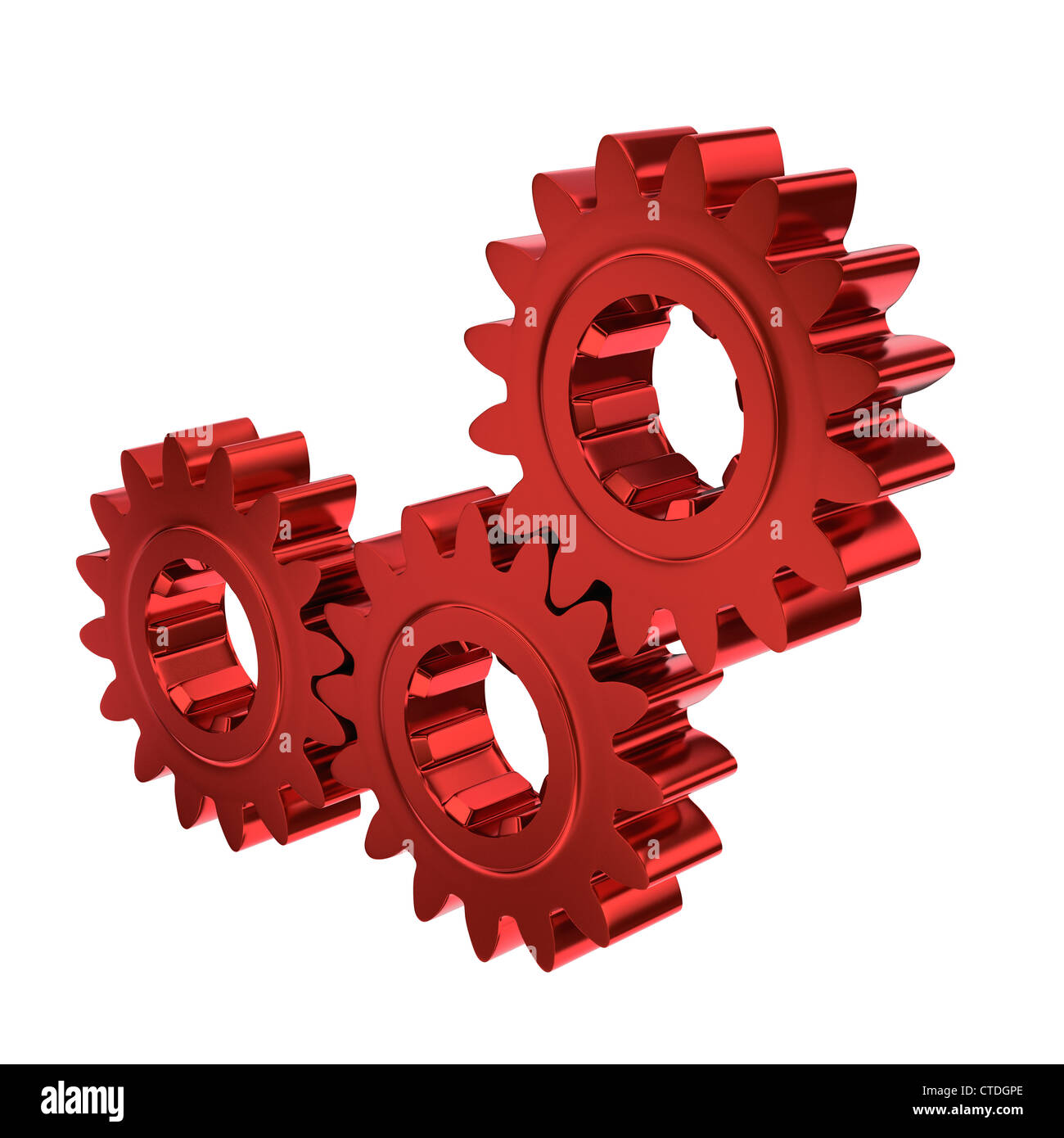 Three red metal gears meshing together on a white background Stock Photo - Alamy