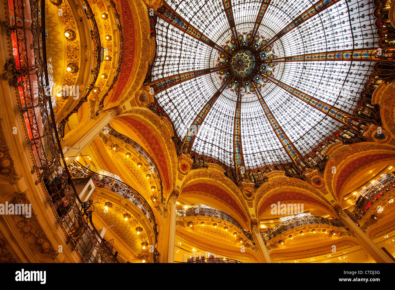 Shops and ornate dome in Galeries Lafayette Department Store on ...