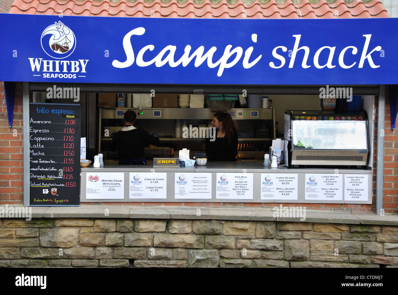 Whitby seafoods scampi sign hi-res stock photography and images - Alamy