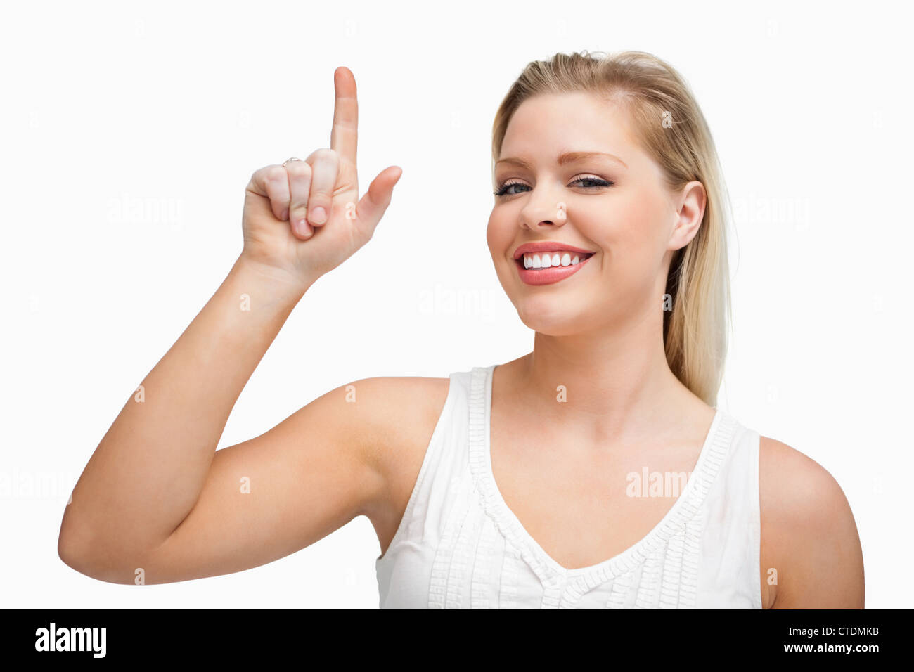 Blonde woman pointing index hi-res stock photography and images - Alamy