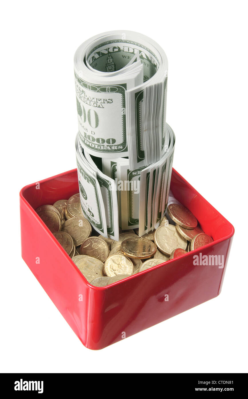 Dollar Notes and Coins in Box Stock Photo - Alamy