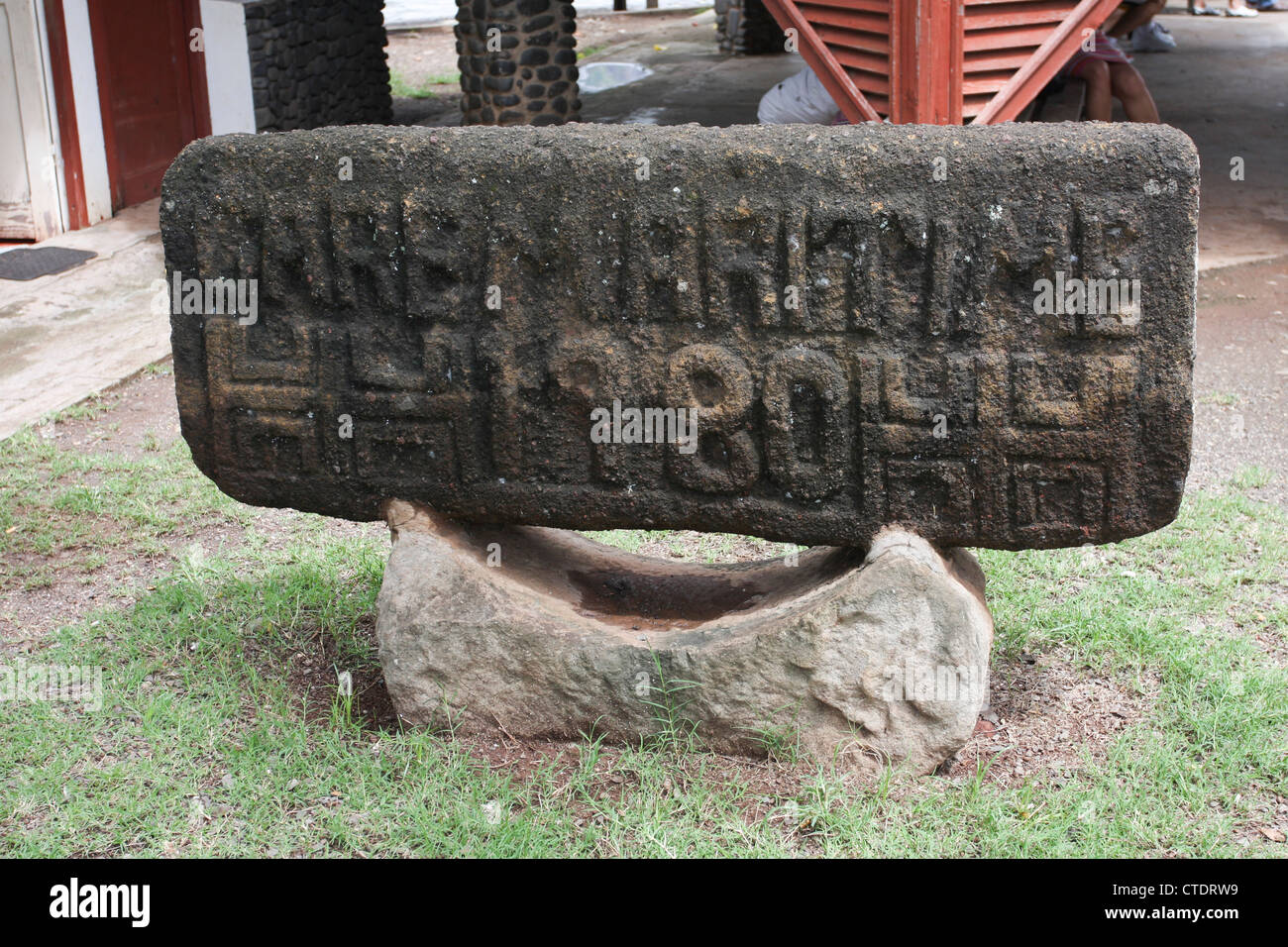 French Polynesia, Marquesas Islands, Nuku Hiva stone inscription Stock ...