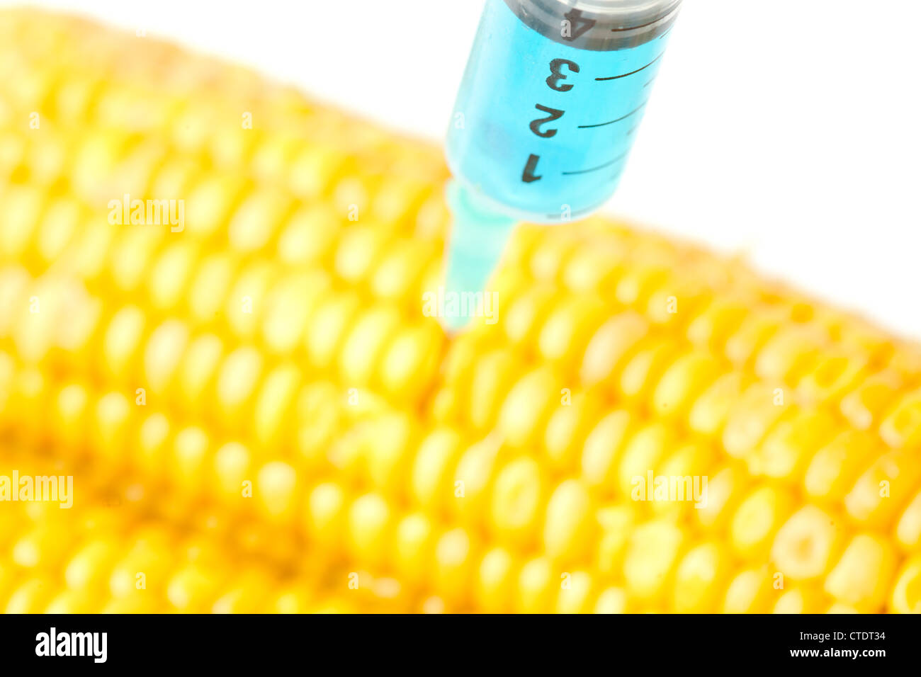 Syringe injecting blue liquid into corn Stock Photo - Alamy