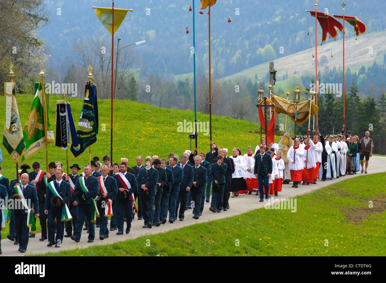 traditional and catholic procession in Bavaria, Germany, in village ...